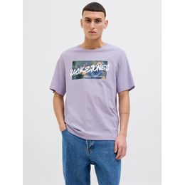 Jack & Jones Print-Shirt JACK & JONES "JJHAWAII SHAPE TEE SS CREW NECK", Herren, Gr. S, lila (languid lavender), Jersey, Obermaterial: 100% Baumwolle, bedruckt, regular fit, Rundhals, Shirts Print-Shirt