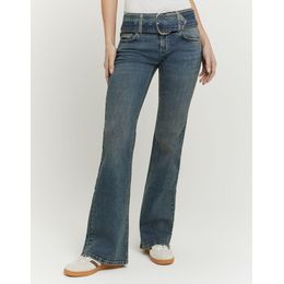 Bootcut-Jeans Tally Weijl "SPADECINTY", Damen, Gr. 36, N-Gr, medium indigowashusedeffects6, Denim/Jeans, Obermaterial: 92% Baumwolle, 6% Elastomultiester, 2% Elasthan, Abriebeffekte, bootcut fit lang, Jeans Bootcut-Jeans, Baumwollmischung, Mid Waist mit Bootcut und G&uuml;rtel, Topseller