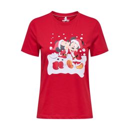 Kurzarmshirt Only "ONLMICKEY LIFE REG S/S TOP BOX XMAS JRS", Damen, Gr. S, urban rot print:mickey and minnie xmas, Jersey, Obermaterial: 100% Baumwolle, bedruckt, relaxed fit, Rundhals, Shirts Kurzarmshirt