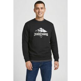 Jack & Jones Kapuzensweatshirt JACK & JONES "JCOFLARE FRONT PRINT SWEAT CREW NECK", Herren, Gr. XS, schwarz, angeraute Sweatware, Obermaterial: 70% Baumwolle, 30% Polyester, unifarben, relaxed fit, Rundhals, Rippb&uuml;ndchen, Sweatshirts Kapuzensweatshirt