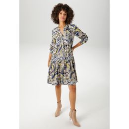 Blusenkleid Aniston CASUAL, Damen, Gr. 36, N-Gr, blau (marine, wei&szlig;, gelb, blau, beige), Web, Obermaterial: 100% Viskose, Paisley, bedruckt, l&auml;ssig geschnitten kniefrei, V-Ausschnitt, Krempel&auml;rmel 1-Knopf-Manschette, Kleider Blusenkleid, mit fantasievollem Paisley-Druck, Topseller