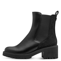 Chelseaboots Marco Tozzi, Damen, Gr. 38, schwarz, Elastischer Einsatz, Lederimitat, Schuhe Chelseaboots, Blockabstz, Stiefelette mit funkelenden Strasssteinchen besetzt