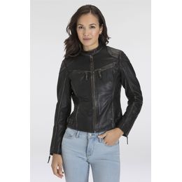 Lederjacke Mauritius "DETTE", Damen, Gr. L, schwarz, Obermaterial: 100% Schafsleder. Futter: 100% Baumwolle. &Auml;rmelfutter: 100% Polyester, used, regular fit, hoch geschlossener Ausschnitt, eingesetzt eingefasste Kante mit Rei&szlig;verschluss, Jacken, in Used-Optik