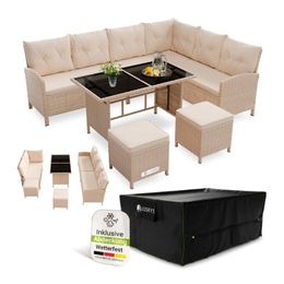 Juskys Gartenlounge Manacor creme - Sofa, Tisch, Hocker & Kissen inkl. Abdeckung - 8 Personen - Sitzbez&uuml;ge in Sand