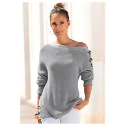 Strickpullover Lascana, Damen, Gr. 40/42, grau (hellgrau, meliert), Strick, Obermaterial: 60% Baumwolle, 40% Polyacryl, figurumspielend Po-bedeckend, U-Boot-Ausschnitt, Pullover Strickpullover, mit Kn&ouml;pfen im Off-Shoulder-Style, Damenpullover aus Baumwoll-Mix