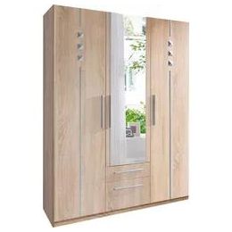 Kleiderschrank Priess, braun (struktureichefarben hell), B:140cm H:193cm T:54cm, Holzwerkstoff, Schr&auml;nke, Kleiderschrank, 1-bis 5-t&uuml;rig, mit silberfarbigen Applikationen