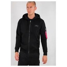 Kapuzensweatjacke Alpha Industries "Back Print Zip Hoody", Herren, Gr. L, schwarz, angeraute Sweatware, Obermaterial: 80% Baumwolle, 20% Polyester, bedruckt, normal normal, Rundhals, Rippb&uuml;ndchen, Sweatjacken