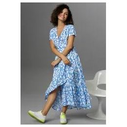 Wickelkleid Aniston CASUAL, Damen, Gr. 38, N-Gr, blau (blau, wei&szlig;), Web, Obermaterial: 100% Viskose, bedruckt, gebl&uuml;mt, figurumspielend kn&ouml;chelfrei, V-Ausschnitt, Kleider Wickelkleid, mit graphischen Bl&auml;tterdruck, Topseller