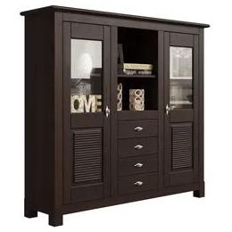 Buffet OTTO HOME "Rauna", braun (dunkelbraun), B:146cm H:134cm T:38cm, Massivholz, Schr&auml;nke, Buffet, Highboard, massive Kiefer, T&uuml;ren mit Glaseins&auml;tzen, B/H 146/134 cm