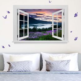 Bilderwelten Wandtattoo Blumen modern 3D-Effekt Wandaufkleber - Offenes Fenster Paradiesisches Tal in Norwegen - Blumenwiese Wohnzimmer Schlafzimmer