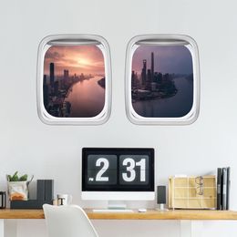 Bilderwelten Wandtattoo Stadt modern 3D-Effekt Wandaufkleber - Doppelfenster Flugzeug Sonnenaufgang in Shanghai - Skylines Wohnzimmer Schlafzimmer