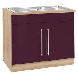 Sp&uuml;lenschrank KOCHSTATION "KS-Samos", lila (aubergine hochglanz, eiche sonoma), B:100cm H:85cm T:60cm, Schr&auml;nke, Sp&uuml;lenschrank, 100 cm breit, inkl. Einbausp&uuml;le