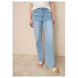 Weite Jeans Tamaris, Damen, Gr. 34, N-Gr, blau (lightblau us), Denim/Jeans, Obermaterial: 74% Baumwolle, 24% Polyester, 2% Elasthan, unifarben, figurbetont lang, Jeans 5-Pocket-Jeans, hohe Leibh&ouml;he, langer Schnitt, mit Knopf-Applikationen