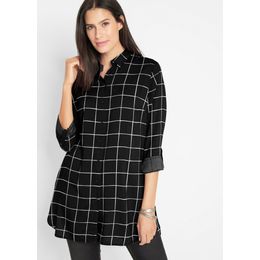 bonprix Damen Longbluse "Karierte Longbluse mit Taschen", schwarz, Gr. 42, Obermaterial: 100% Viskose, Blusen, figurumspielende Passform, mit