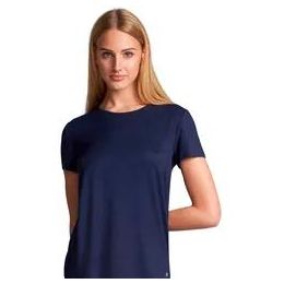 T-Shirt Tom Tailor "Florence", Damen, Gr. 40L, blau (blau, dunkel, uni), Single Jersey, Obermaterial: 95% Viskose, 5% Elasthan, unifarben, bequem h&uuml;ftbedeckend, Rundhals, Shirts T-Shirt, locker, basic, Kurzarm, elastisch, bequem, weich, Viskosemix