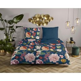 Wendebettw&auml;sche Descanso, blau, Satin (Bio-Baumwolle), Obermaterial: 100% Baumwolle, Bettw&auml;sche, "Fiori", Baumwolle, Satin, 135x200, Biese,