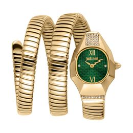 Quarzuhr JUST cavalli time "Signature Snake", goldfarben, gr&uuml;n, Armbanduhren, Damen, Quarzuhr, Armbanduhr, Damenuhr, Edelstahlarmband, analog, Kristallsteine