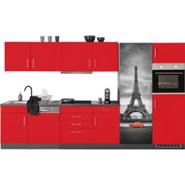 K&uuml;chenzeile KOCHSTATION, B:340cm H:200cm T:60cm, rot, Komplettk&uuml;chen-Sets, "KS-Paris &ndash; K&uuml;chen mit einzigartigen Fotomotiven auf den Fronten", Breite