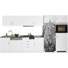 K&uuml;chenzeile KOCHSTATION, B:340cm H:200cm T:60cm, wei&szlig;, Komplettk&uuml;chen-Sets, "KS-Paris &ndash; K&uuml;chen mit einzigartigen Fotomotiven auf den Fronten", Breite