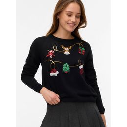 V&eacute;ro Moda VERO MODA Damen Weihnachtspullover "VMGLITTER LS O-NECK XMAS BOX"schwarz detail:with seq, garland artwork, Gr. XS, gemustert, Strick, Obermaterial: