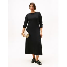 Damen A-Linien-Kleid "CRV 5X2 RIB FLARE MIDI DRESS LS", schwarz, Gr. 48, Tommy Hilfiger Curve, unifarben, Rippware, Obermaterial: 95% Viskose, 5%