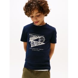 Tommy Hilfiger Jungen T-Shirt "TEXTURED GRAPHIC PRINT TEE SS", blau, Gr. 3, unifarben, Single Jersey, Obermaterial: 100% Baumwolle, Shirts, f&uuml;r