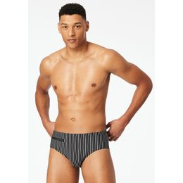 Badeslip Schiesser "Aqua", Herren, Gr. 6, N-Gr, schwarz-wei&szlig; (000, schwarz), Single Jersey, Obermaterial: 78% Polyamid, 14% Elasthan, 8% Polyester, Badehosen, mit kleiner RV-Tasche, Bindekordel am Bund, gestreift