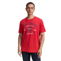 Tom Tailor Herren T-Shirt, rot, Gr. S, bedruckt, Single Jersey, Obermaterial: 100% Baumwolle, Shirts, mit gro&szlig;em Logofrontprint