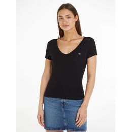 Tommy Jeans Damen Kurzarmshirt "TJW SLIM ESSENTIAL RIB V SHORT SLEEVE", schwarz, Gr. XL, unifarben, Feinripp, Obermaterial: 95% Baumwolle, 5%