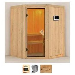 Sauna Karibu "Larin", beige (naturbelassen), Bio-Kombiofen, externe Steuerung, 9 kW, Saunen, Ofen 9 kW Bio externe Strg easy