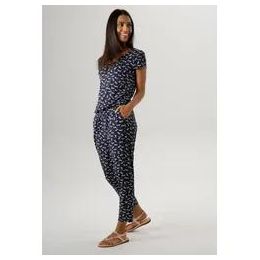 Jumpsuit Aniston SELECTED, Damen, Gr. 38, N-Gr, blau (dunkelblau, wei&szlig;), Single Jersey, Obermaterial: 95% Viskose, 5% Elasthan, bedruckt, figurumspielend wadenlang, V-Ausschnitt, Overalls Jumpsuit, mit Palmen bedruckt