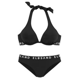 ELBSAND Damen B&uuml;gel-Bikini, schwarz, Gr. 36, unifarben mit Farbeinsatz, Microfaser, Bikini-Sets, mit kontrastfarbenen Markenschriftz&uuml;gen