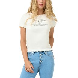 QS Damen Kurzarmshirtecru, Gr. XL, bedruckt, Feinripp, Obermaterial: 96% Baumwolle, 4% Elasthan, Shirts, mit Frontprint und gewellten Abschl&uuml;ssen