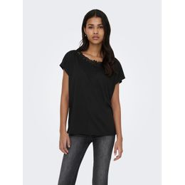 Only Damen Spitzenshirt "ONLWINNIE S/S TOP CS JRS"schwarz, Gr. L, unifarben, Jersey, Obermaterial: 100% Polyester, Shirts, Polyester, regular fit