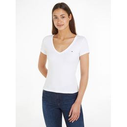 Tommy Jeans Damen Kurzarmshirt "TJW SLIM ESSENTIAL RIB V SHORT SLEEVE", wei&szlig;, Gr. XL, unifarben, Feinripp, Obermaterial: 95% Baumwolle, 5% Elasthan,