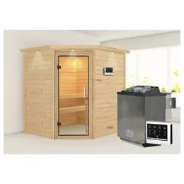 Sauna Karibu "Mia (Fronteinstieg)", beige (naturbelassen), (ohne Ofen), Saunen, Ofen 9 kW Bio externe Strg easy