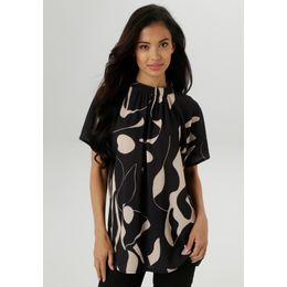 Damen Kurzarmbluse, schwarz, Gr. 48, Aniston SELECTED, bedruckt, gemustert, Cr&ecirc;pe, Obermaterial: 95% Polyester, 5% Elasthan, Blusen, in extra weiter