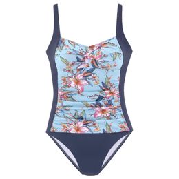 Lascana Damen Badeanzug "Malia", blau, Gr. 48, bedruckt, floral, Microfaser, Polyamid, Badeanz&uuml;ge, mit tropischem Print und Shaping-Effekt