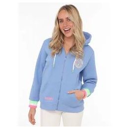 Kapuzensweatjacke Zwillingsherz "Smile Everyday ZH", Damen, Gr. L/XL (L/XL), blau (hellblau), Sweatware, Obermaterial: 50% Baumwolle, 50% Polyester, unifarben, normal h&uuml;ftlang, V-Ausschnitt, Sweatjacken Zip-Hoodie, Kapuze, Taschen, Langarm, Stickerei, Rei&szlig;verschluss