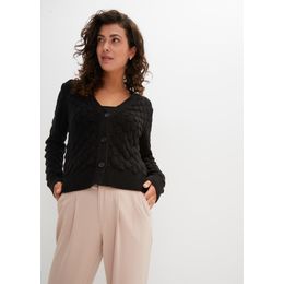 bonprix Damen Ajourstrickjacke "Ajour-Strickjacke", schwarz, Gr. 32, Obermaterial: 100% Polyacryl, Strickjacken, lockere Passform, luftiges