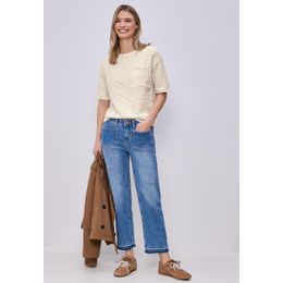 Street One Damen T-Shirtsafari beige, Gr. 46, gestreift, Web, 77% Baumwolle, 20% Polyester, 3% Elasthan, Shirts, mit Brusttasche