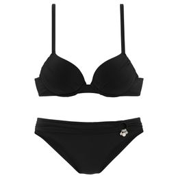 s.Oliver Damen Push-Up-Bikini, schwarz, Gr. 36, unifarben, Microfaser, Polyamid, Bikini-Sets, mit Zierring an der Hose
