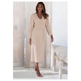 Strickkleid Lascana, Damen, Gr. 48/50, N-Gr, beige (sand, melange), Rippware, Obermaterial: 56% Polyester, 41% Viskose, 3% Elasthan, meliert, unifarben, figurumspielend kniebedeckend, V-Ausschnitt, Kleider Strickkleid, Lounge-/ Rippkleid mit weiten &Auml;rmeln und Taillenband, Loungewear