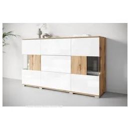 Sideboard OTTO HOME "Kenia", wei&szlig; (eichefarbe votan, wei&szlig; hochglanz), B:150cm H:89cm T:39,5cm, FSC-zertifizierter Holzwerkstoff, Glas, Hartfaserplatte, Kunststoff, Sideboards, Sideboard, Sideboard mit 3 Schubladen, 6 F&auml;chern, Glast&uuml;ren, Breite 150 cm