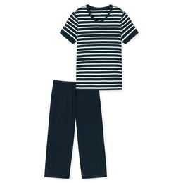 Schiesser Damen Schlafanzug "Casual Essentials", Gr. 36, blau, Single Jersey, Obermaterial: 100% Baumwolle, gestreift, unifarben mit Farbeinsatz,
