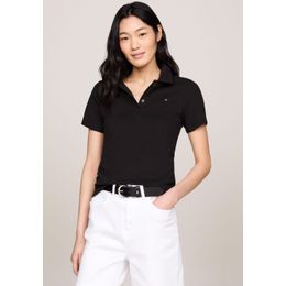 Tommy Hilfiger Damen Poloshirt "1985 SLIM PIQUE POLO SHORT SLEEVE", schwarz, Gr. M, unifarben, Piqu&eacute;, Obermaterial: 97% Baumwolle, 3% Elasthan,
