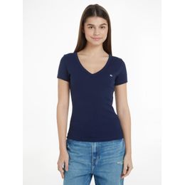 Tommy Jeans Damen Kurzarmshirt "TJW SLIM ESSENTIAL RIB V SHORT SLEEVE", blau, Gr. XS, unifarben, Feinripp, Obermaterial: 95% Baumwolle, 5% Elasthan,