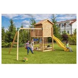 Spielturm Fungoo "My SIDE Move+", braun (gelb), Spielt&uuml;rme, KinderB:510cm H:305cm T:405cm, Holz, Metall, Polyethylen, mit Schaukel & Rutsche, B:510cm H:305cm T:405cm