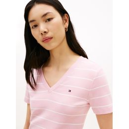 Tommy Hilfiger Damen T-Shirt "SLIM CODY V-NECK SHORT SLEEVE", rosa, Gr. L, gestreift, Jersey, Obermaterial: 100% Baumwolle, Shirts, aus Baumwolle,