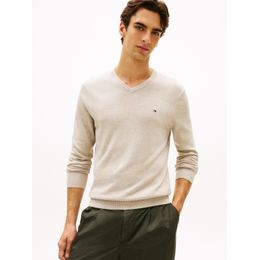 Tommy Hilfiger Herren Strickpullover "ESSENTIAL COTTON V NECK mit V-Ausschnitt und Stickerei", beige, Gr. XL, Strick, Obermaterial: 100% Baumwolle,